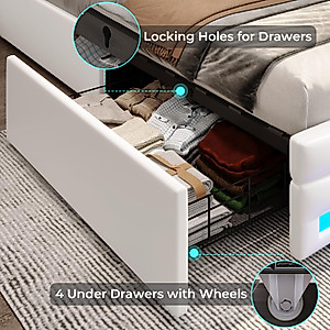 ADORNEVE Queen Bed Frame with Drawers, LED Bed Frame with Charging Station, Pu Leather Platform Bed Frame Queen Size with Storage & LED Lights Headboard Footboard, No Box Spring Needed, White