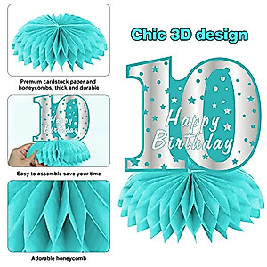 Yoaokiy Teal 10 Year Old Birthday Decorations Honeycomb Centerpieces, 8Pcs Breakfast Blue Happy Table Sign Party Supplies for Girl, Sweet 10th Bday Topper Decor (1987Y11291)