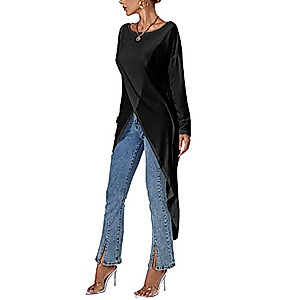 LYANER Women's High Low Long Sleeve Wrap Front Split Hem Long Shirt Blouse Tunic Top Solid Black Large