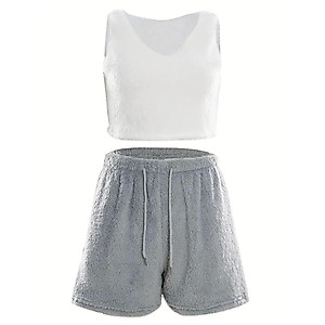 Vakkest Women's Fuzzy 3 Piece Sweatsuit Open Front Cardigan Crop Tank Tops Lounge Sets Outfit Pajamas Sherpa Outwear Nightwear