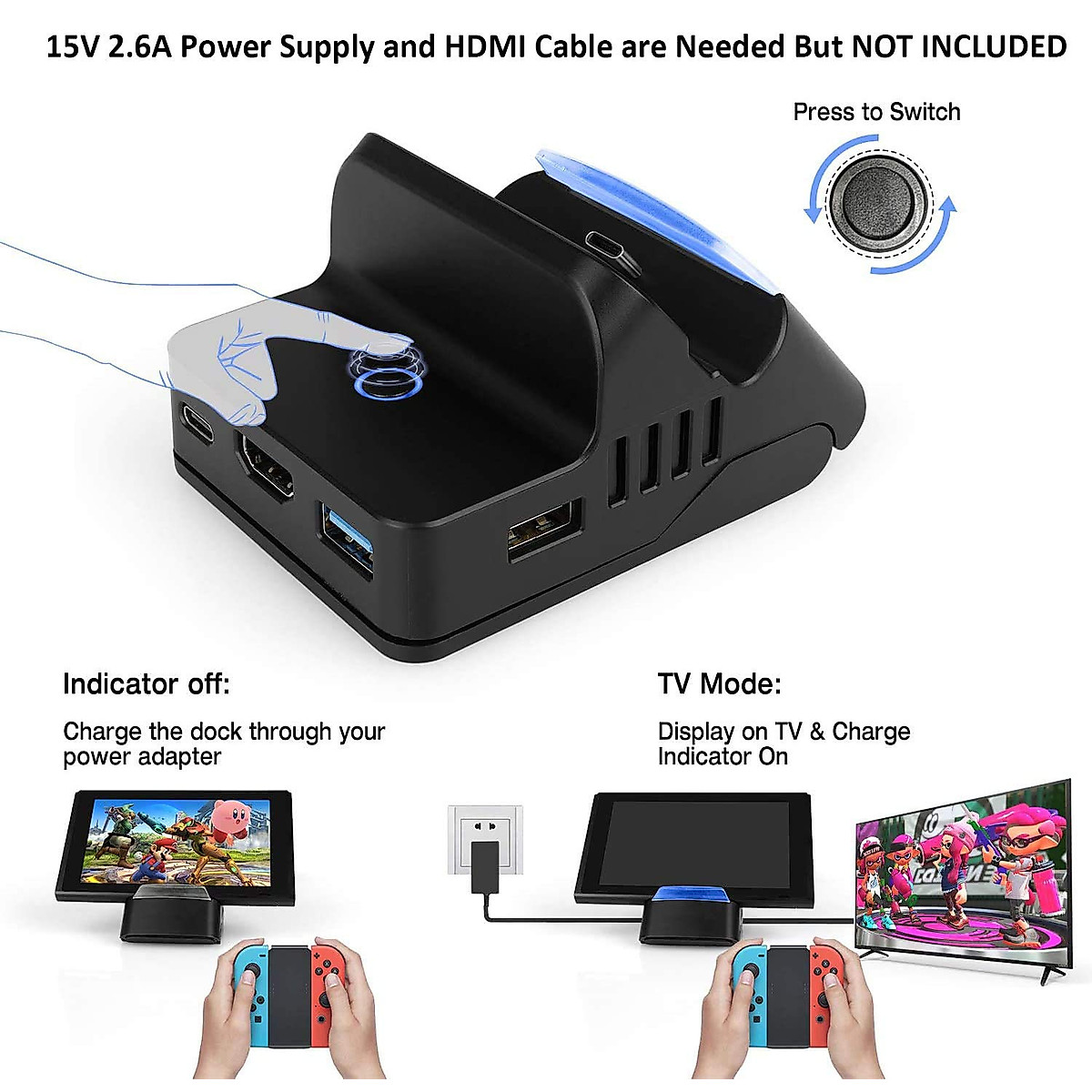 Switch TV Dock Docking Station Compatible with Nintendo Switch/Switch OLED Model, Portable Switch Base Charging Adapter Cradle with HDMI and USB3.0 Port