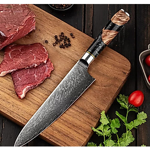 The Epicurean Cook Tidal Collection kitchen knife set with Burl Wood Resin Handles (Black Resin Handle). This 8-pc damascus chef knife set, are ideal kitchen knives set for the kitchen.