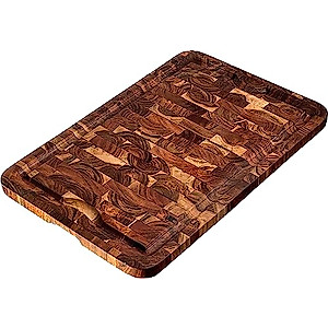 Mountain Woods Brown Organic End-Grain Acacia HardWooden Cutting Board for Kitchen w/Juice Groove | Chopping Board | Butcher Block - 24" x 16" x 1"