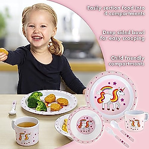 5 Pc Mealtime Baby Feeding Set for Kids and Toddlers - Includes Plate, Bowl, Cup, Fork and Spoon Utensil Flatware - Durable, Dishwasher Safe, BPA Free - Unicorn