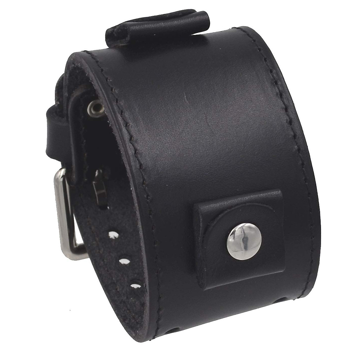 Nemesis LBB-KK 24mm Lug Width Wide Black Leather Cuff Wrist Watch Band with Black Stitching