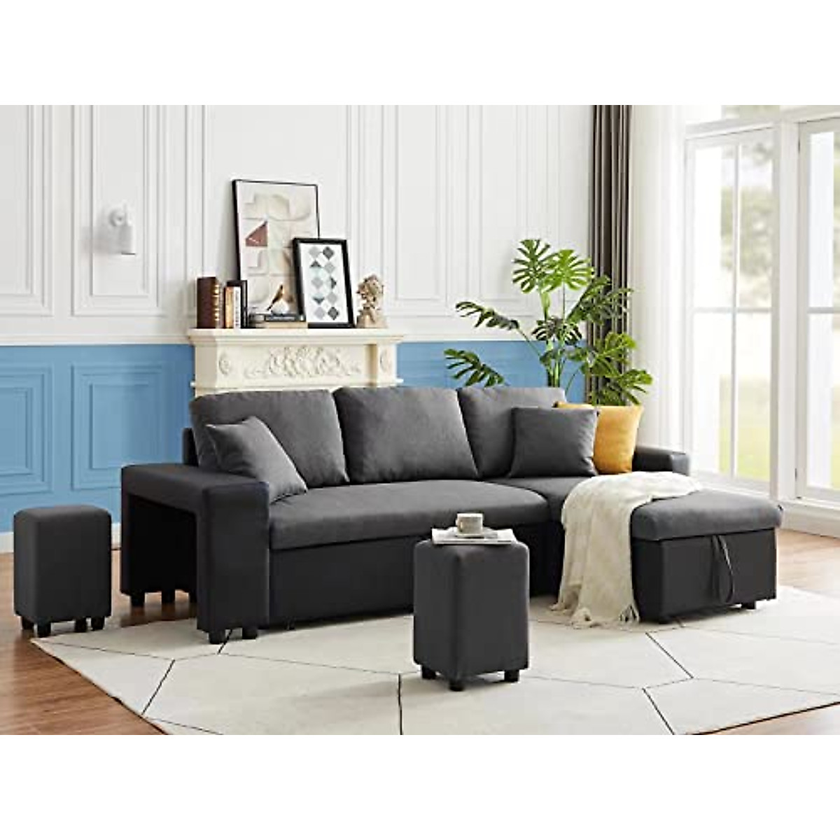 ARINAL 92.5" Linen Reversible Sleeper Sectional Sofa with Storage and 2 stools Steel Gray