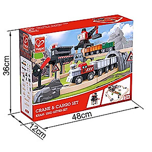 Hape Crane and Cargo Train Set | Wooden Railway Toy Set with Magnetic Crane, Button Operated Loader and Adjustable Rail Signal