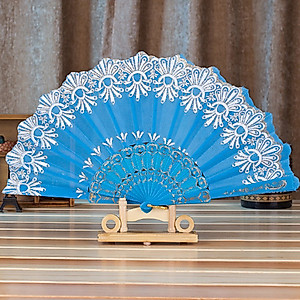 DUO ER Chinese/Spanish Style Dance Wedding Party Lace Silk Folding Hand Held Flower Fan (Color : Blue)