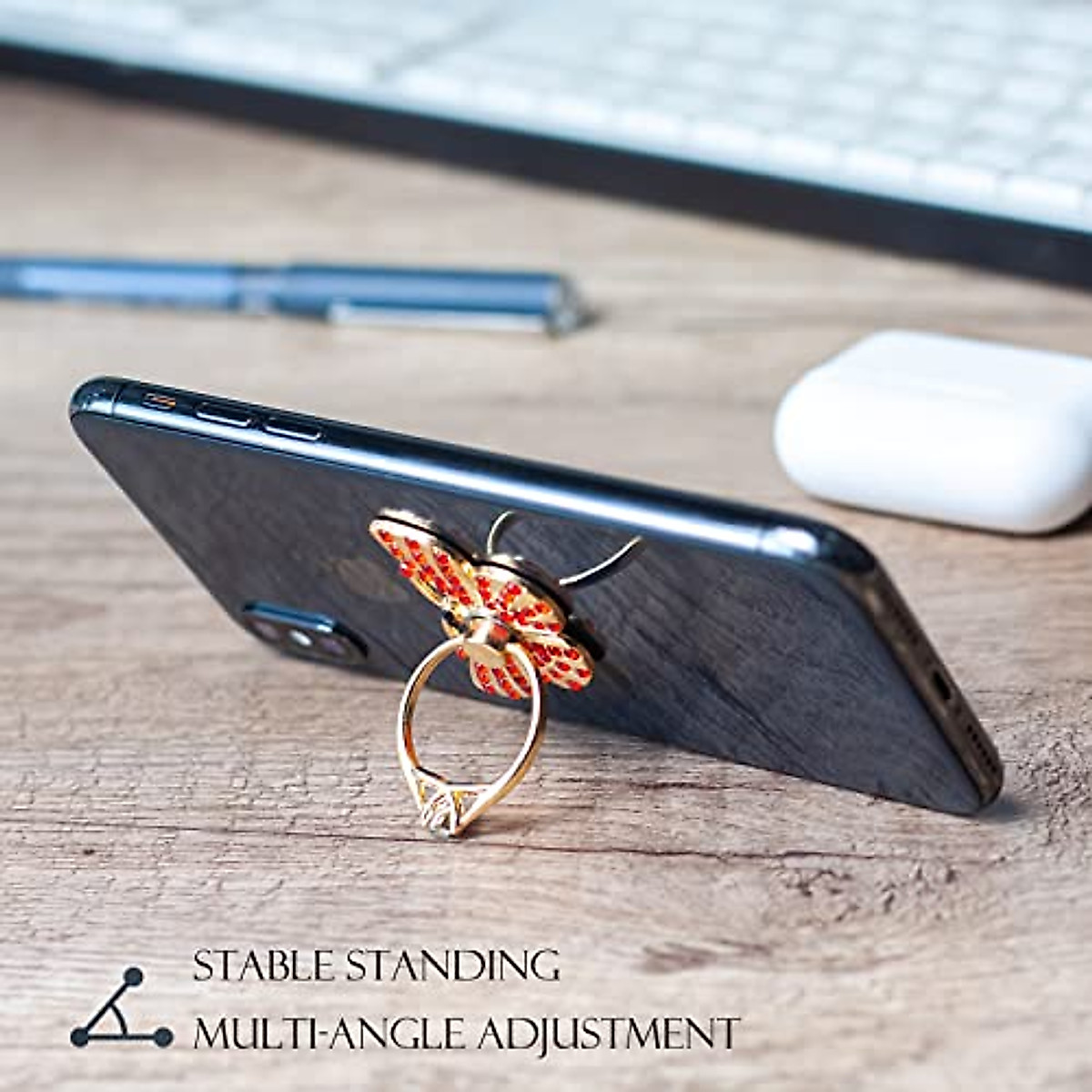 [2 Packs] Butterfly Glitter Bling Bling Phone Ring Holder, Sparkle Phone Ring Grip Artificial Diamond Stand,Rhinestone Cell Finger Ring for Phones,Pad