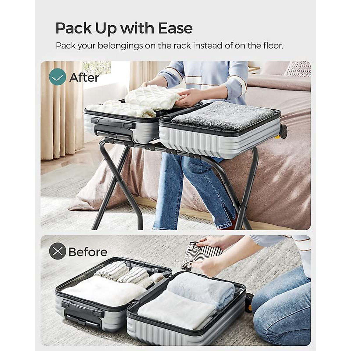 SONGMICS Luggage Rack, Luggage Rack for Guest Room, Suitcase Stand, Steel Frame, Foldable, for Bedroom, Black URLR64B