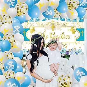 Mi Bautizo Decorations - Mi Bautizo Decorations for Boys with Baptism Backdrop Mi Bautizo Balloon Garland Kit First Communion Holy Christening Decoration God Bless Baby Shower Party Supplies
