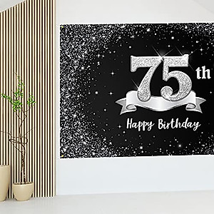 HAMIGAR 6x4ft Happy 75th Birthday Banner Backdrop - 75 Years Old Birthday Decorations Party Supplies for Women Men - Black Silver