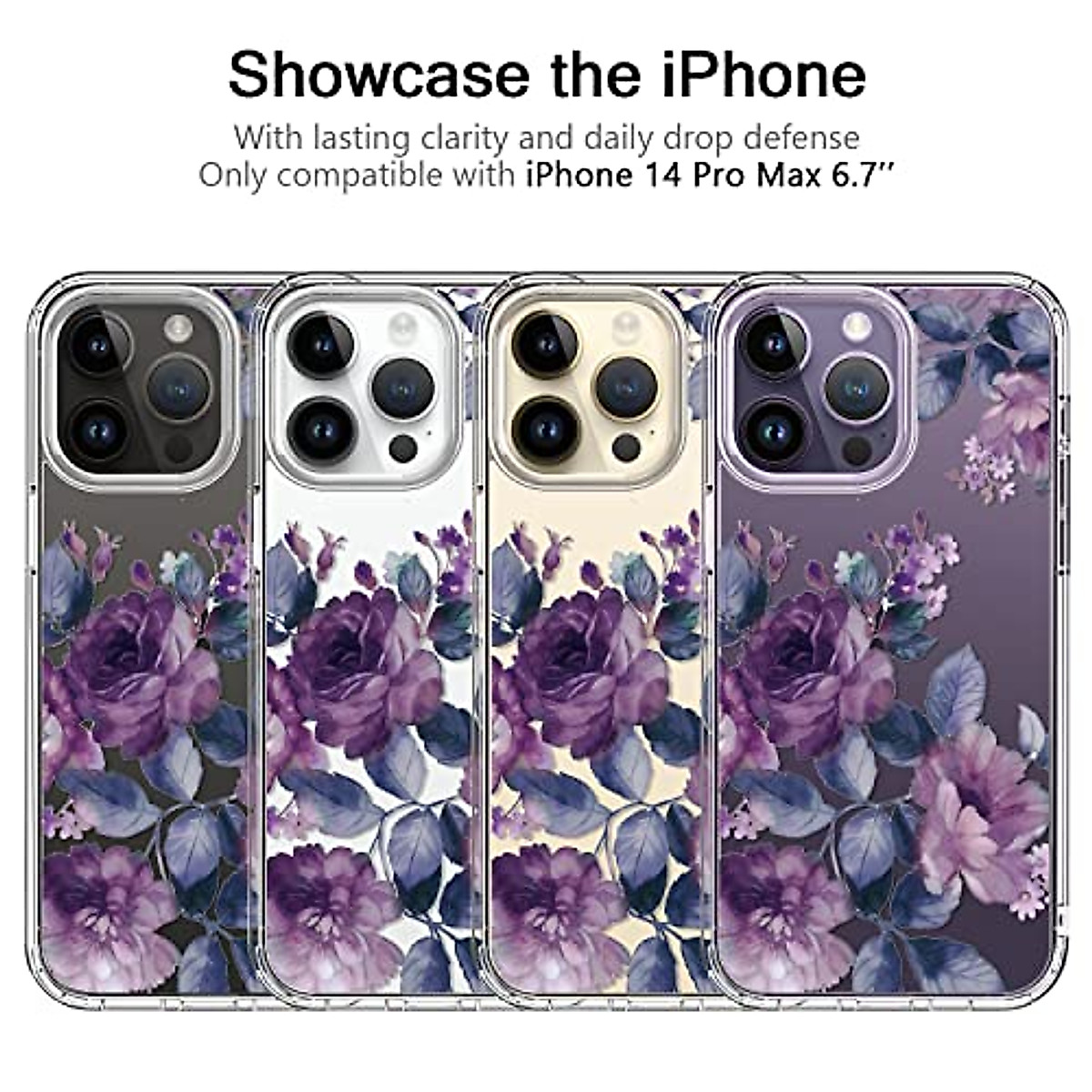 Bicol Hybrid iPhone 14 Pro Max Case Clear Fashion Designs Phone Cover for Women Girls, Stylish Slim Shockproof Hard PC+TPU Bumper Flower Protective Phone Case for iPhone 14 Pro Max 6.7" Purple Flowers