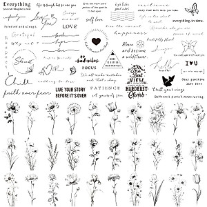 Esland Realistic Temporary Tattoos - 60 Sheets Small Fake Tattoos, 30 Pcs Meaningful Scripts Words Tattoos, 30 Pcs Line Art Wild Flower Nature Tattoo Stickers for Women and Men