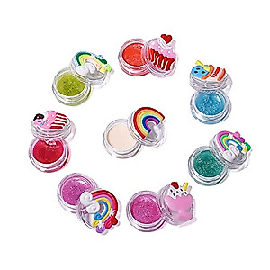 Mebtmel 8PCS Cute Lip Gloss for Girls, Party Favors Lip Balm Set for Kids, Assorted Fruity Flavors Cute Cupcake of Rainbow Designs Birthday Gift