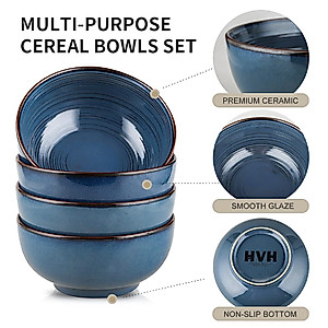 HVH Ceramic Cereal Bowls Set of 4, Soup Bowls Microwave Safe, 24 oz Ceramic Bowls for Kitchen, Salad, Oatmeal, Soup, Noodle, Farmhouse Style (Blue)