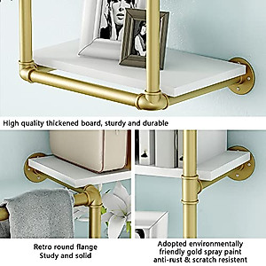 Wall Mounted Pipe Clothing Rack with Shelf,Gold Industrial Clothes Rack with 4 Tier Closet Bar Heavy Duty Iron Garment Rack, Retail Display Clothes Rod for Hanging Clothes,Laundry Room (Gold)