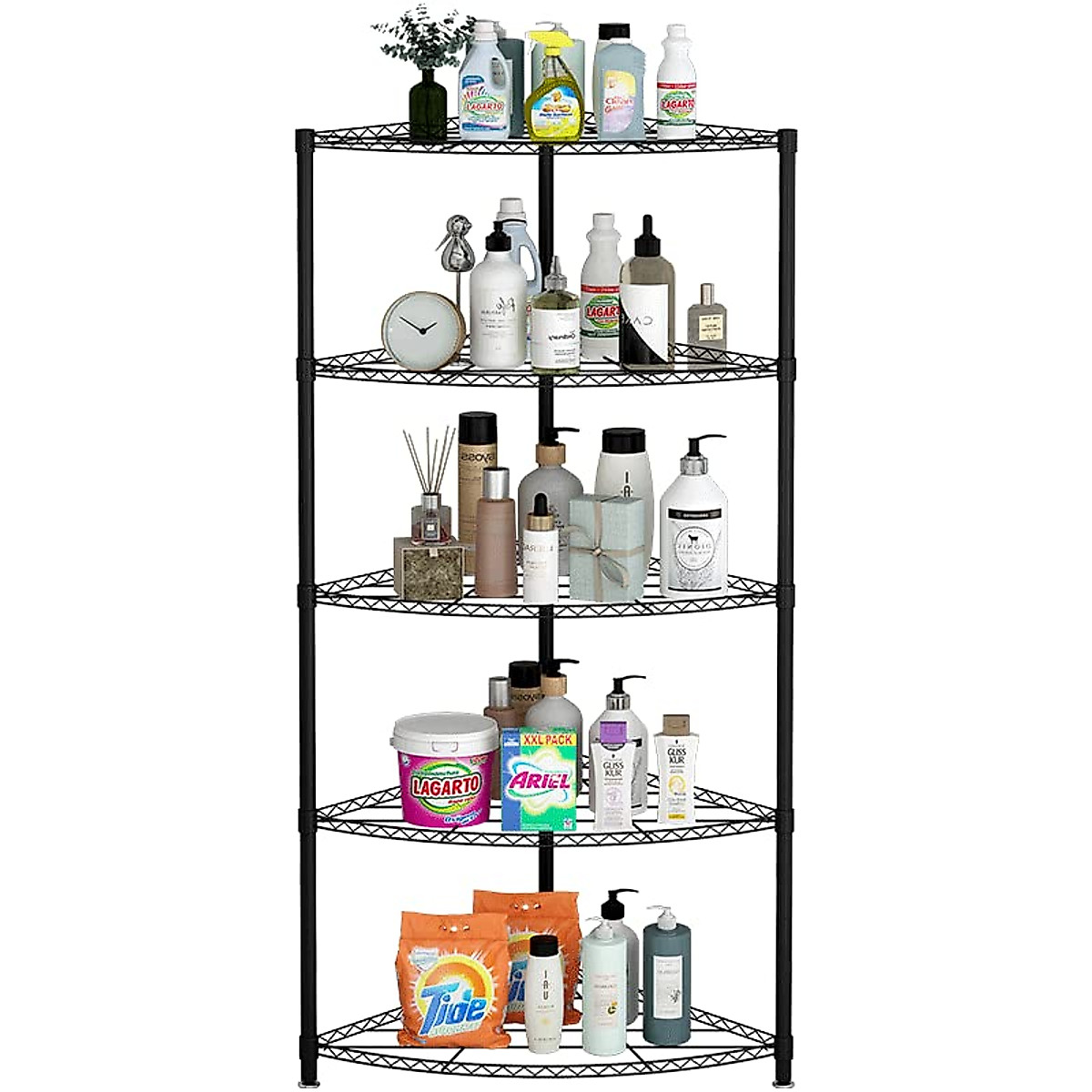 Sasoiky 5 Tier Corner Storage Shelves, Wire Shelving Unit, Metal Shelf, Steel Storage Rack 23.2" L x 17.3" W x 60.8" H for Laundry Bathroom Kitchen Pantry Closet, Black