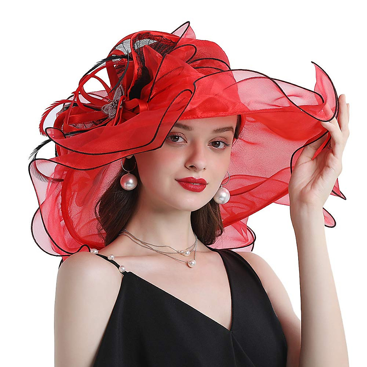 Go Mai Women Hats Organza Butterfly Decoration Wide Brim Occasion Event Kentucky Derby Church Dress Sun Hat Red