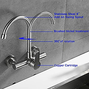 Kitchen Sink Faucet Brushed Nickel Wall Mount 360° Swivel Single Handle Restaurant Utility Sink Faucet in Wall Faucet Kitchen Bar Laundry Faucet Commercial