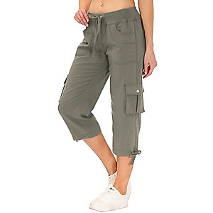 MoFiz Women's Cargo Hiking Pants Lightweight Quick Dry Running Capri Pants Athletic Workout Casual Outdoor Button Pockets Grey Khaki M