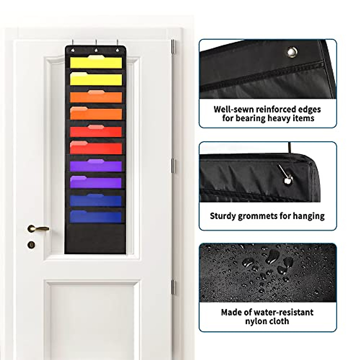 Annecy 10 Pockets Hanging Wall File Organizer, Black Storage Pocket Chart for File Folder and Paper, Space Saver for Office and Classroom, with Wall Hangers, Over The Door Hooks, Labels
