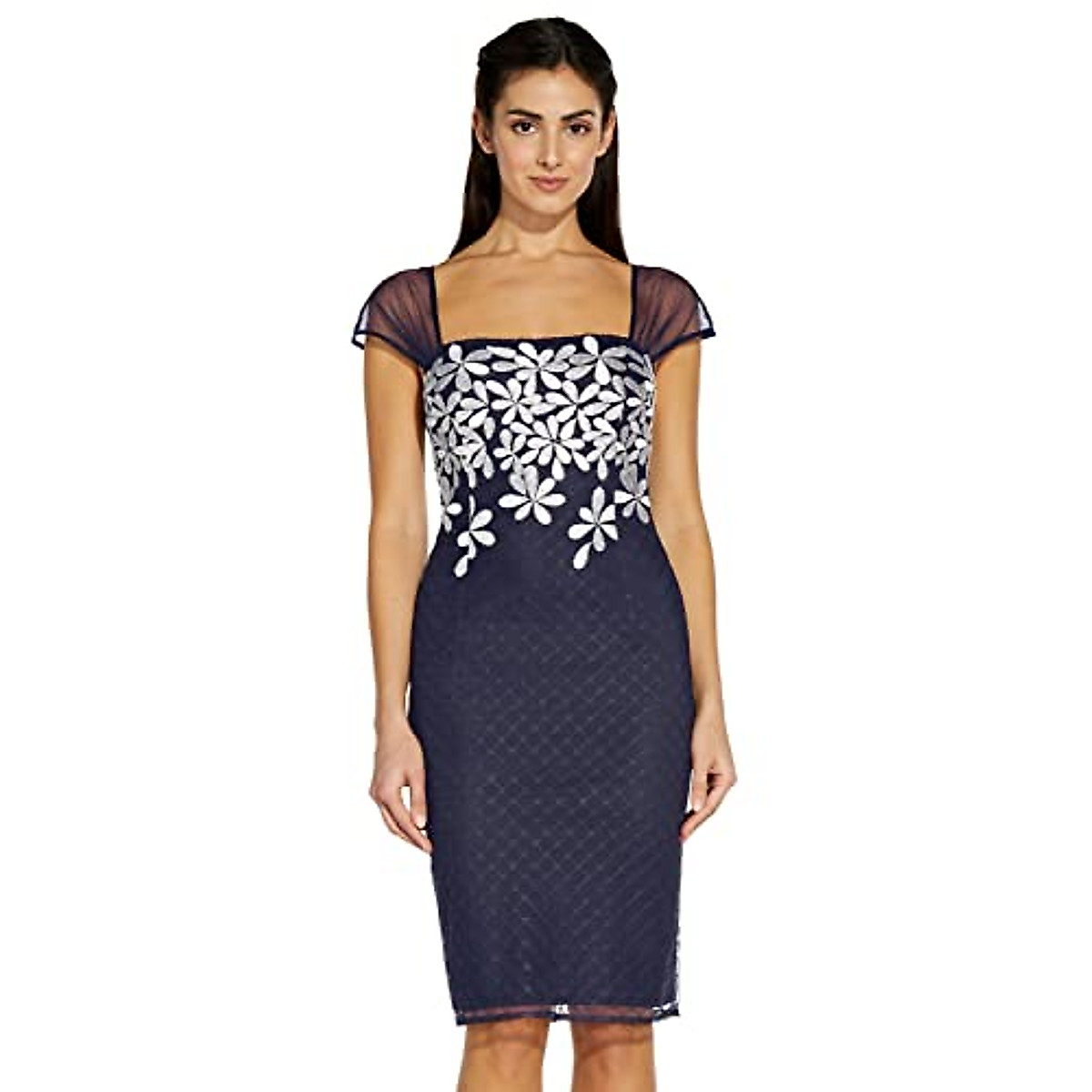 Adrianna Papell Women's Floral Embroidery Sheath Dress, Navy/Ivory, 10