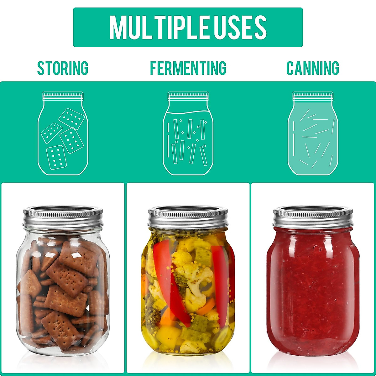 CAKKVDE Mason Jars 16 oz with Lids and Bands 15 Pack, Regular Mouth Food Storage Canning Jars, Clear Glass Jars for Canning, Fermenting, Jam, Honey, Wedding Favors, Sauces, DIY