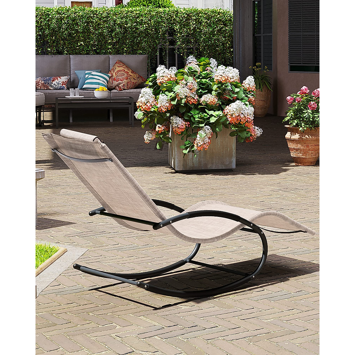 Crestlive Products Patio Rocking Chair Curved Rocker Chaise Lounge Chair with Pillow for Beach Yard Pool Outdoor Indoor, Gray Steel Frame (Beige)