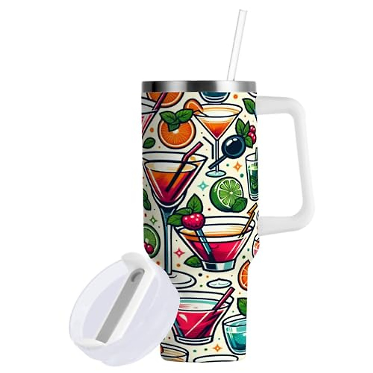 Jihqo Tropical Cocktails 40 oz Stainless Steel Vacuum Insulated Tumbler with Handle and Straw Lid, Leakproof Water Bottle Double Wall Travel Mug Coffee Cup, Cupholder Friendly