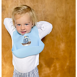 Beanie Kate Silicone Feeding Bib,Durable Pocket Adjustable Strap BPA Free Silicone Waterproof Easy Cleanup Comfortable for Babies & Toddlers (Pirate Ship),Blue,6 month2 years