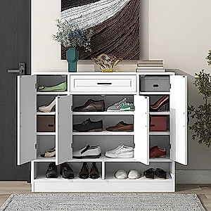 Modern Shoe Cabinet with Adjustable Shelves and Sturdy Top Surface, Wood Sideboard with 1 Drawers, Multifunctional Storage Cabinet for Entrance Corridor Bedroom (White + Particle Board-035)