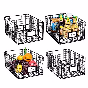 X-cosrack Foldable Cabinet Wall Mount Metal Wire Basket Organizer Pantry Basket with Handles - 4 Pack -12" x 9" X 6", Food Storage Mesh Bin for Kitchen Bathroom Laundry Closet Garage Patent Design