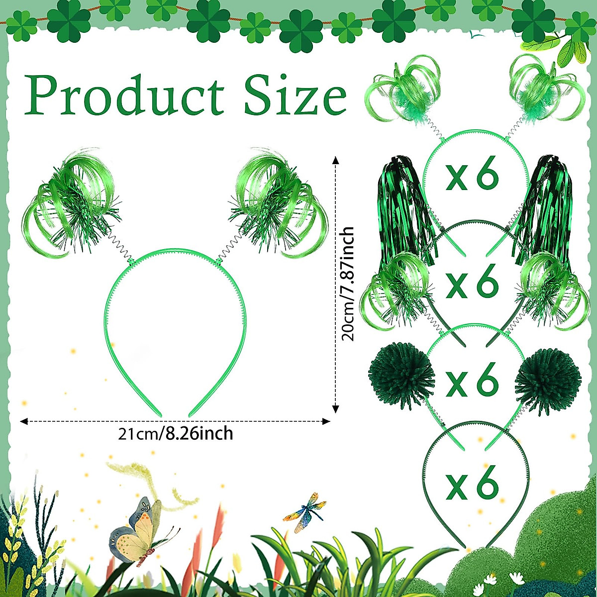 Censen 24 Pcs Pom Pom Headband Tinsel Wrapped Ponytails Head Bopper Headwear Hair Accessories Party Costume(Green)