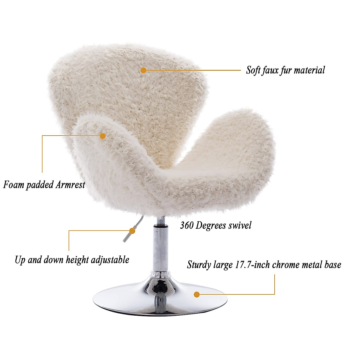 HEAH-YO Contemporary Curly Fur White Vanity Chair with Back, Height Adjustable Swivel Makeup Chair with Chrome Base for Reception Hall Home Dressing Room Shop Stool