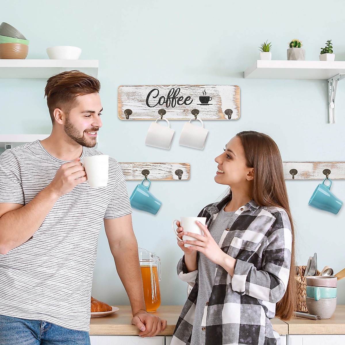 LotFancy Coffee Mug Holder, Rustic Wall Mounted Mug Rack with 12 Cup Hangers, Farmhouse Wood Cup Organizer for Home, Office, Kitchen Display Storage Collection, White Coffee Nook Décor