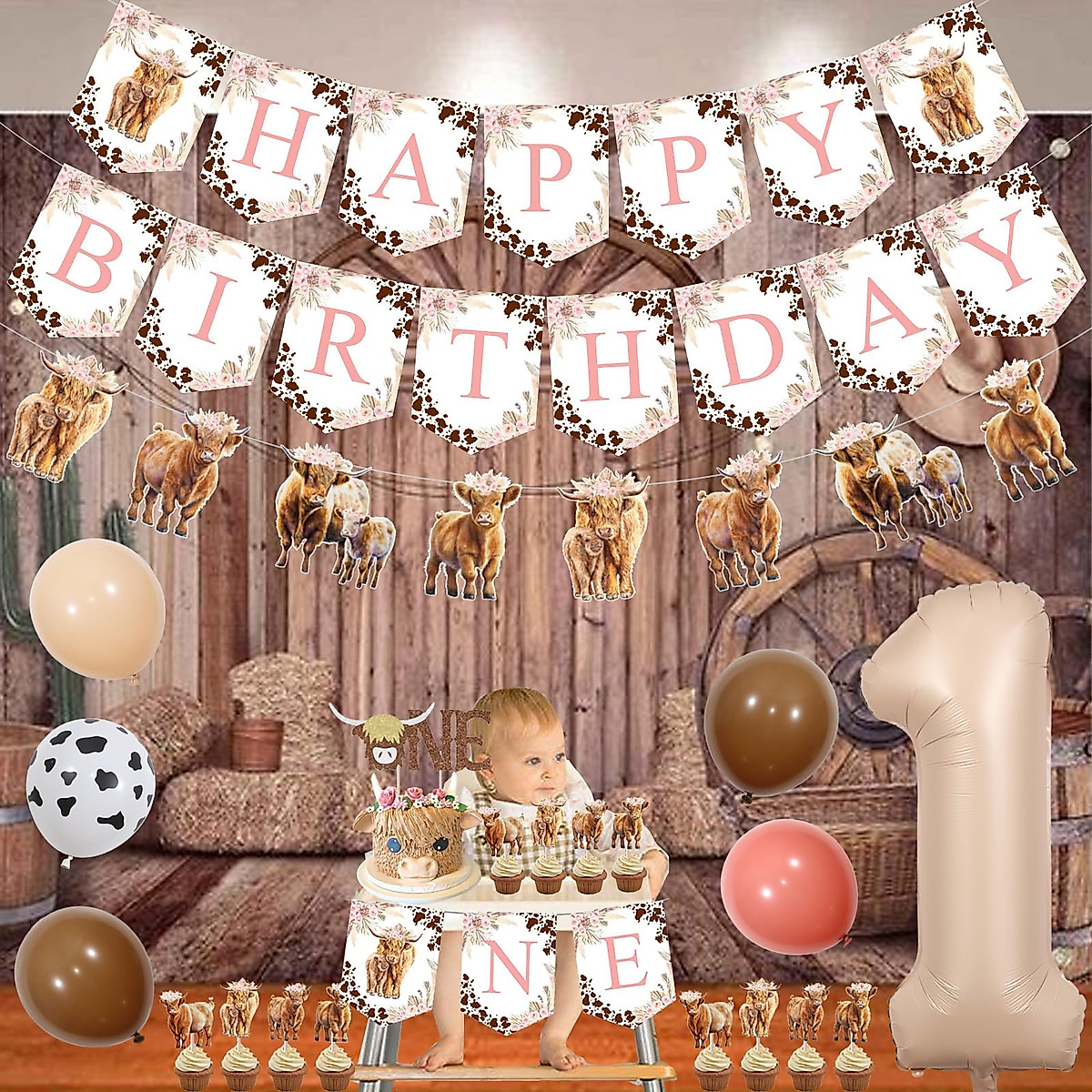 Highland Cow 1st Birthday Decorations Girl Pink Highland Cow Birthday Decorations Boho Highland Cattle Banner Cake Topper Balloons for Holy Cow Im One Farm Animal Birthday Party Supplies