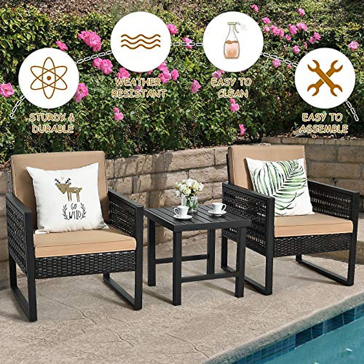 RELAX4LIFE 3-Piece Patio Furniture Set - Wicker Rattan Sofa Set, Bistro Set with Coffee Table, Seat & Back Cushions, Outdoor Conversation Set for Garden, Backyard, Poolside