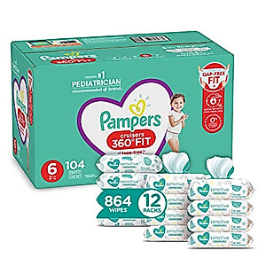 Diapers Size 6, 104 Count and Baby Wipes - Pampers Pull On Cruisers 360° Fit Baby Diapers with Stretchy Waistband, ONE MONTH SUPPLY with Sensitive Wipes, 12X Pop-Tops, 864 Count (Packaging May Vary)