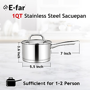 E-far Stainless Steel Saucepan with Lid, 1 Quart Small Sauce Pan Induction Pot for Cooking, Boiling, Compatible with All Stoves, Healthy & Non Toxic, Oven & Dishwasher Safe