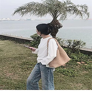 Fashion Woven Handbags Women Vegan Leather Tote Bag Large Summer Beach Travel Handbag and Purse Retro Handmade Shoulder Bag (Apricot)