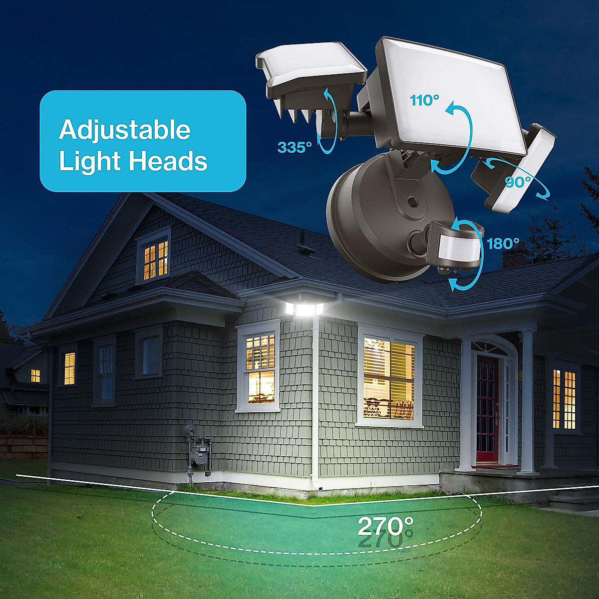 Olafus 65W Flood Light Outdoor Motion Sensor Light, LED Security Light IP65 Waterproof, 6000LM Motion Activated Light 3 Head Floodlight, 6500K Exterior Sensor Light for Garage Yard Porch Patio, Brown