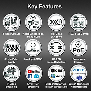 Meeasier NDI PTZ Camera, 30X Full HD Live Streaming Video Camera with CVBS, 3G-SDI, HDMI and IP Outputs, 30X NDI PTZ Camera, NDI HX, Full NDI, PoE Support (White)