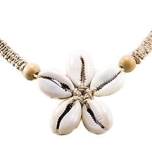 BlueRica Cowrie Shells Flower Pendant on Braided Hemp Cord Choker Necklace with Puka Shell Beads