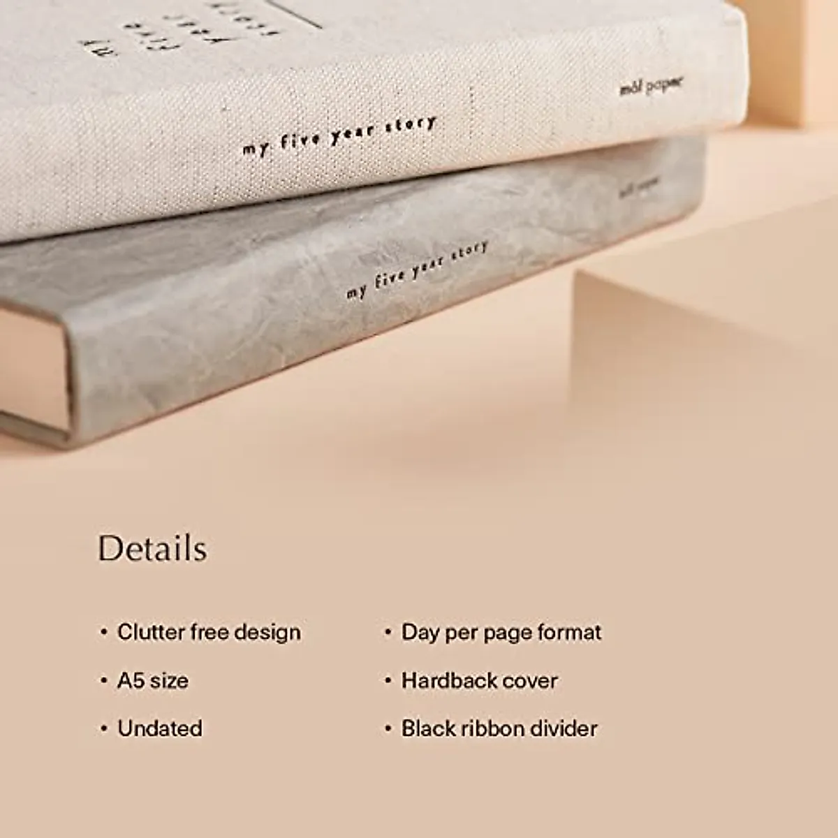 Mål Paper Five Year Journal - Cotton Hardback | Daily Dated Notebook for Mindfulness, Recovery & Positive Thinking Tool | Life Planner Log Book | Hand Finished, Unique Gifts for Men & Women