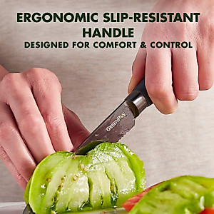 GreenPan Titanium 5" Serrated Utility Knife, Titanium Coated, Stainless Steel, Eco-friendly, Ergonomic Grip, Slip Resistant, Balanced, Heat Treated, Hand Sharpened, Dishwasher Safe