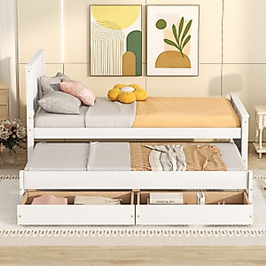 CITYLIGHT Twin Bed with Trundle and Storage, Wood Twin Size Platform Bed Frame with Trundle and Drawers, Space-Saving Twin Size Bed for Kids, Boys, Girls (Twin,White)