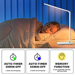 Led Desk Lamp, HMFUNTM Desk Lamp with USB Charging Port, 5 Color Modes, 10 Brightness, Natural Light, Eye Caring Reading Lamp, Desk Light for Home Office, Table Lamp, Touch Control, Auto-Timer, Silver