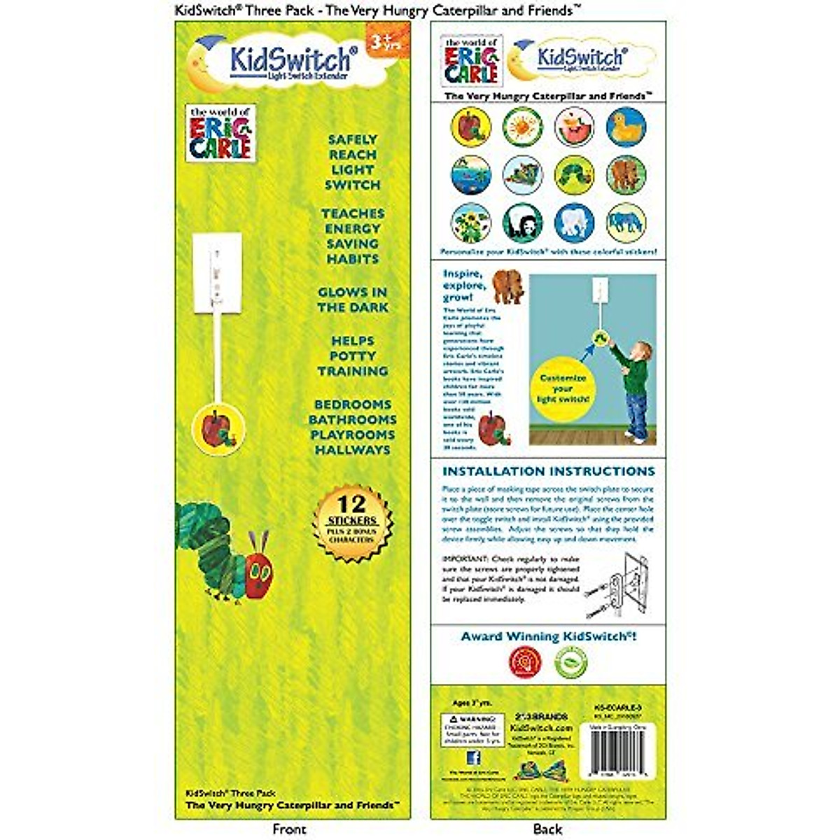 KidSwitch Light Switch Extender 3 Pack - The World of Eric Carle Edition - The Very Hungry Caterpillar & Friends - Officially Licensed!
