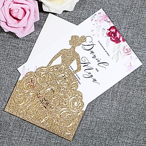 FEIYI 25PCS Laser Cut Wedding Invitations Cards with Envelopes for Quinceanera Birthday Sweet 16, Bridal Shower Anniversary Party Invite, Wedding Invitation Kit (Gold Glitter)